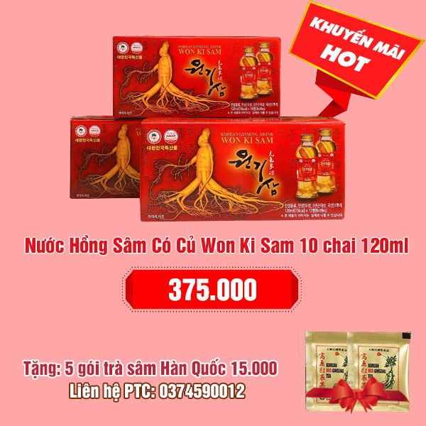 Nước Hồng Sâm Có Củ Won Ki Sam HQ 10 chai *120ml: 375.000 - Tặng 5 gói ...
